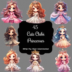 45 Cute Chibi Princesses, Nursery, High Quality Clipart, Instant ...