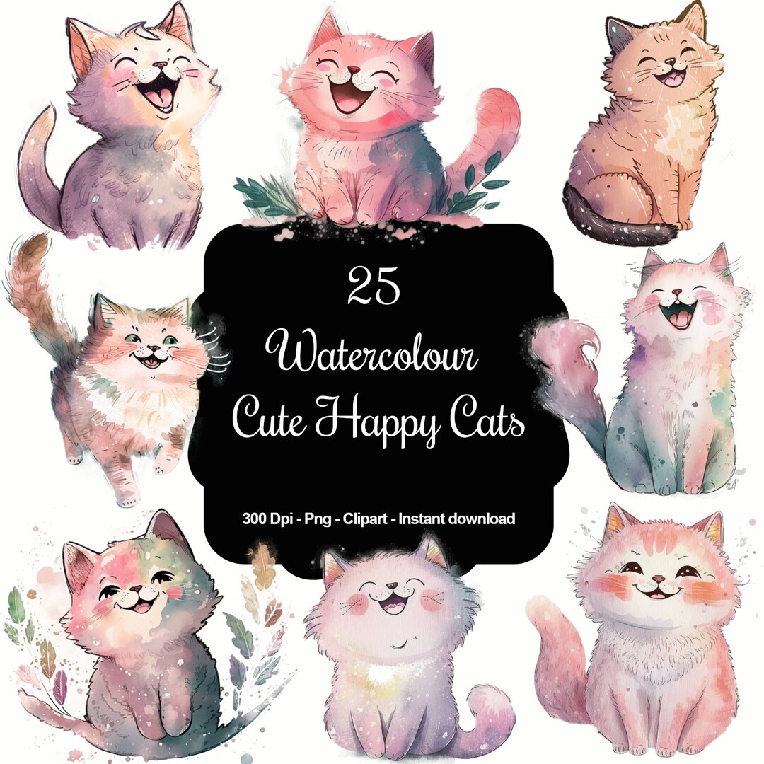 Purrfect Pastels: 25 Cute Pastel Pink Watercolour Happy Cats Clipart ...