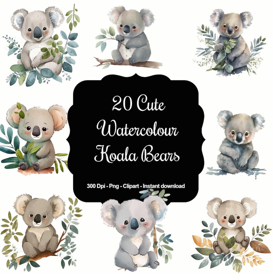 Koala Cuddles: 20 Watercolour Cute Koalas Clipart Set for Nursery Decor ...