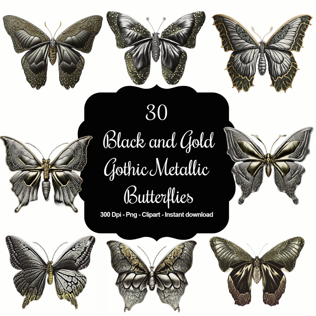 Gothic Black & Gold Metallic Glitter Butterflies Clipart Set - Etsy