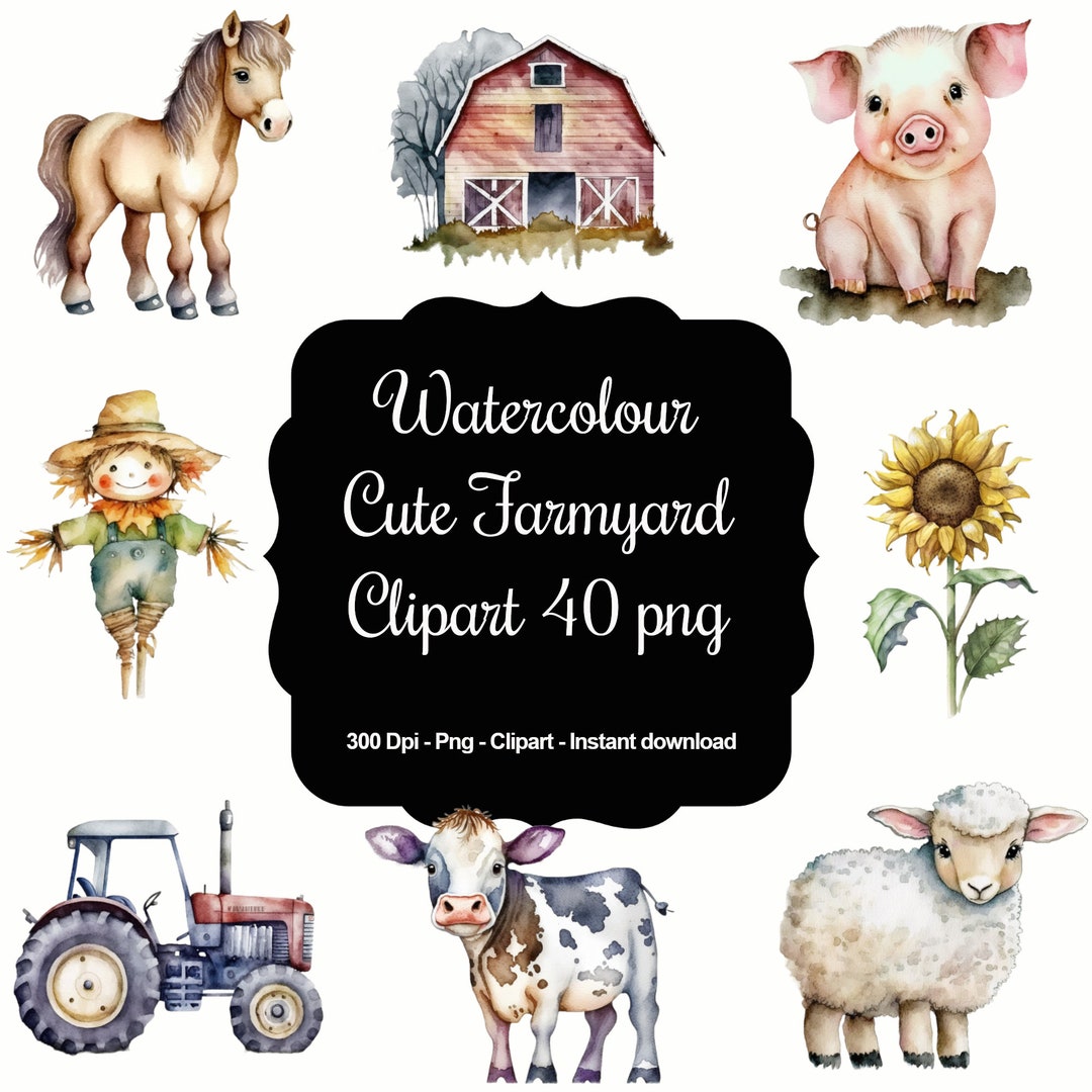 Farmyard Frolics: Cute Watercolor Clipart Set of Farm Animals ...