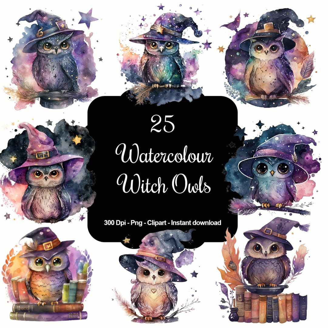 Enchanted Nocturne: 25 Watercolor Witchy Halloween Owls Cliparts - Etsy