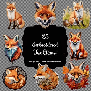 Fox Embroidery Elegance: 25 Embroidered Foxes Clipart Set - Etsy