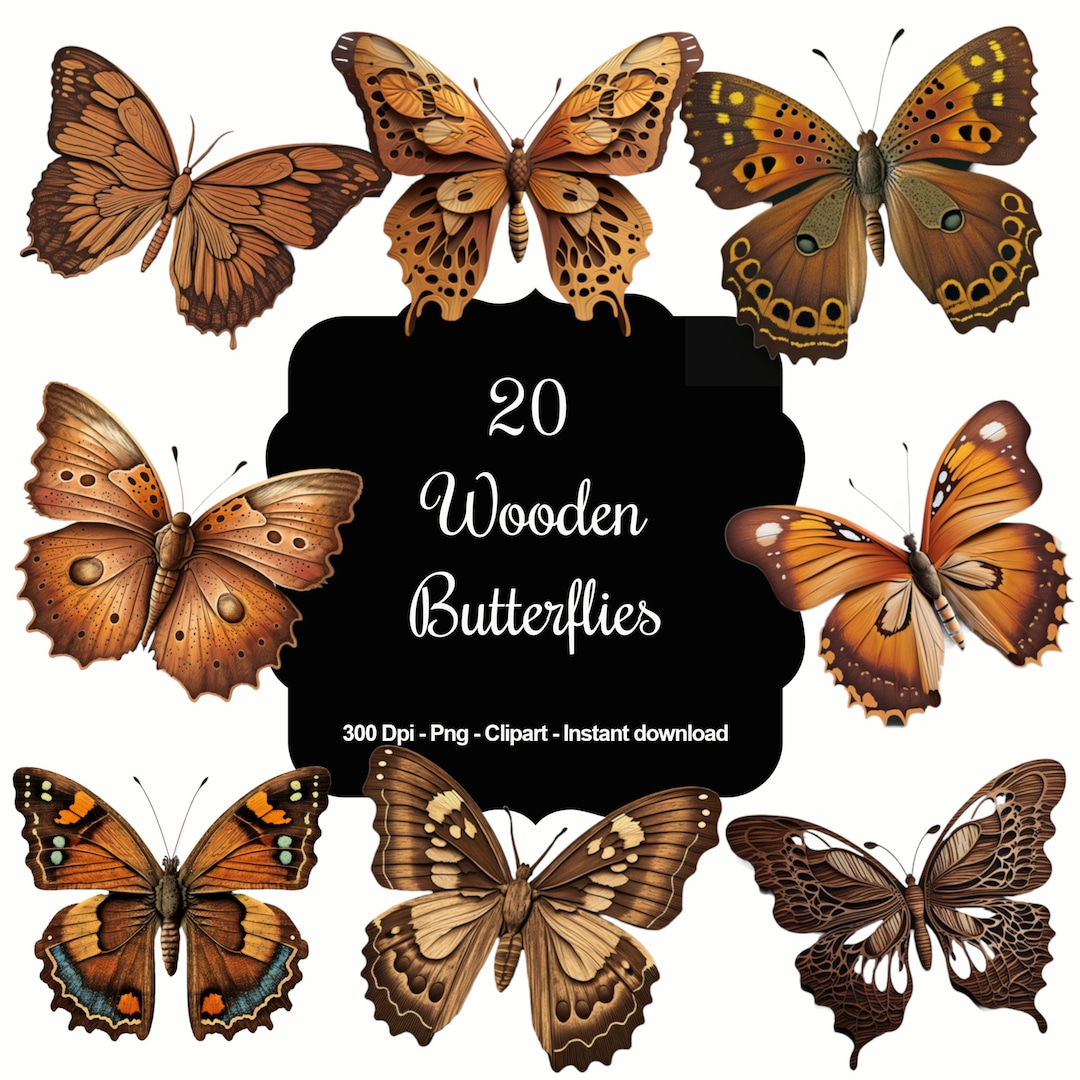 Timber Wings: 20 Wooden Butterfly Clipart Collection - Etsy
