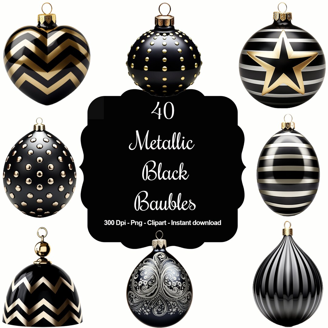 Midnight Elegance: 40 Metallic Black Christmas Baubles Clipart ...