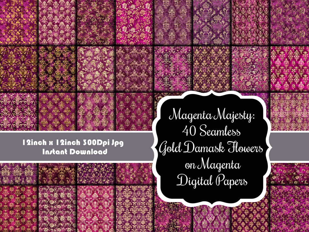 Magenta Majesty: 40 Seamless Gold Damask Flowers on Magenta Background ...