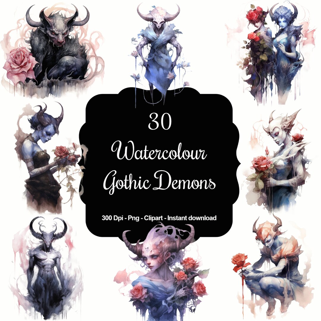 Dark Mystique: 30 Gothic Demons Clipart Set - Intricate, Watercolour ...