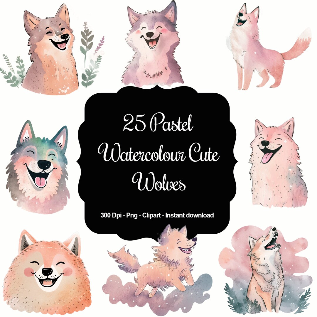 Whimsical Wolves: 25 Cute Pastel Watercolour Happy Wolves Clipart Set ...