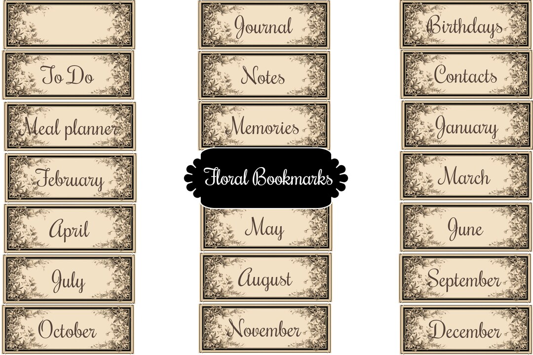 Vintage Floral Digital Planner Book Mark Labels Clipart Set - Organize ...