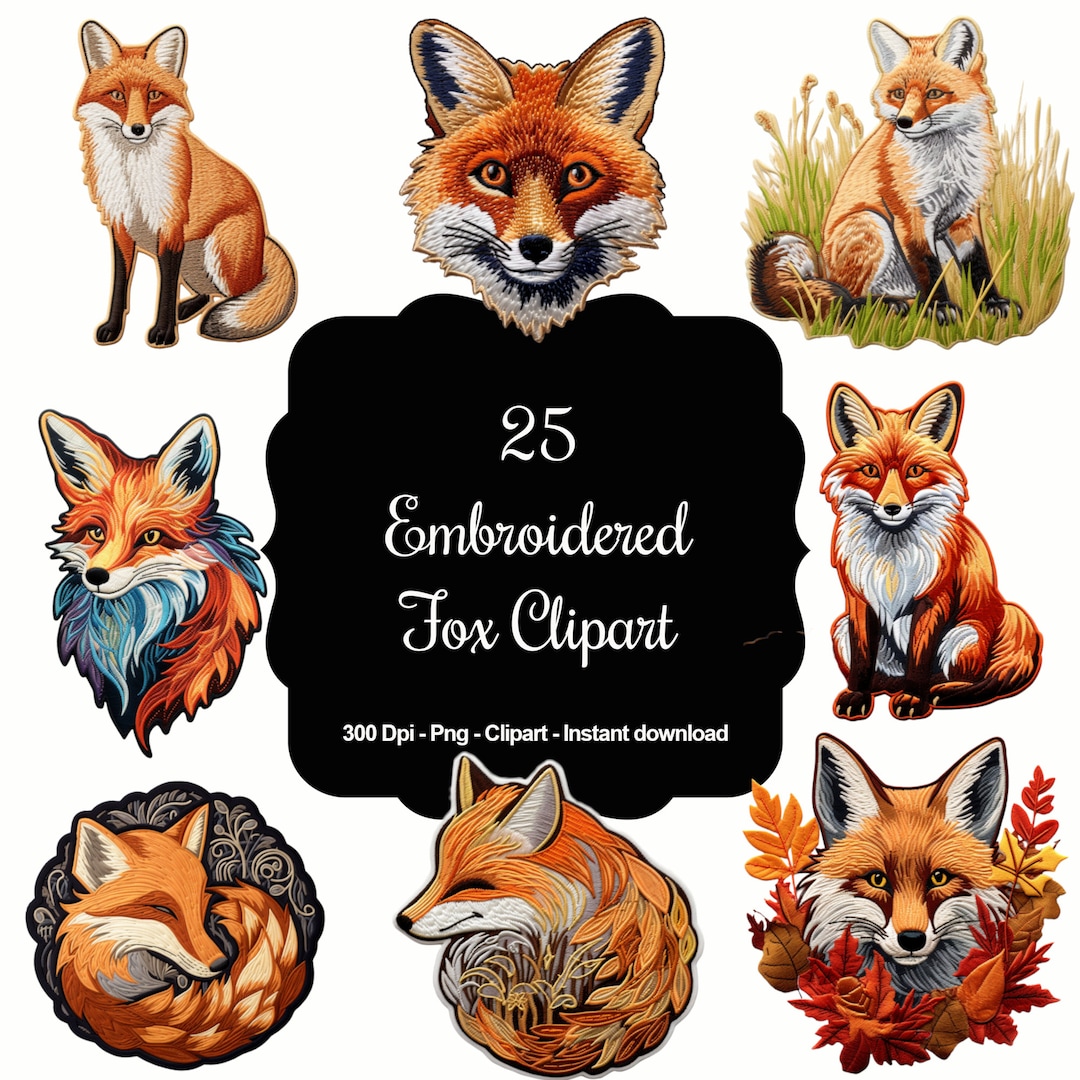 Fox Embroidery Elegance: 25 Embroidered Foxes Clipart Set - Etsy