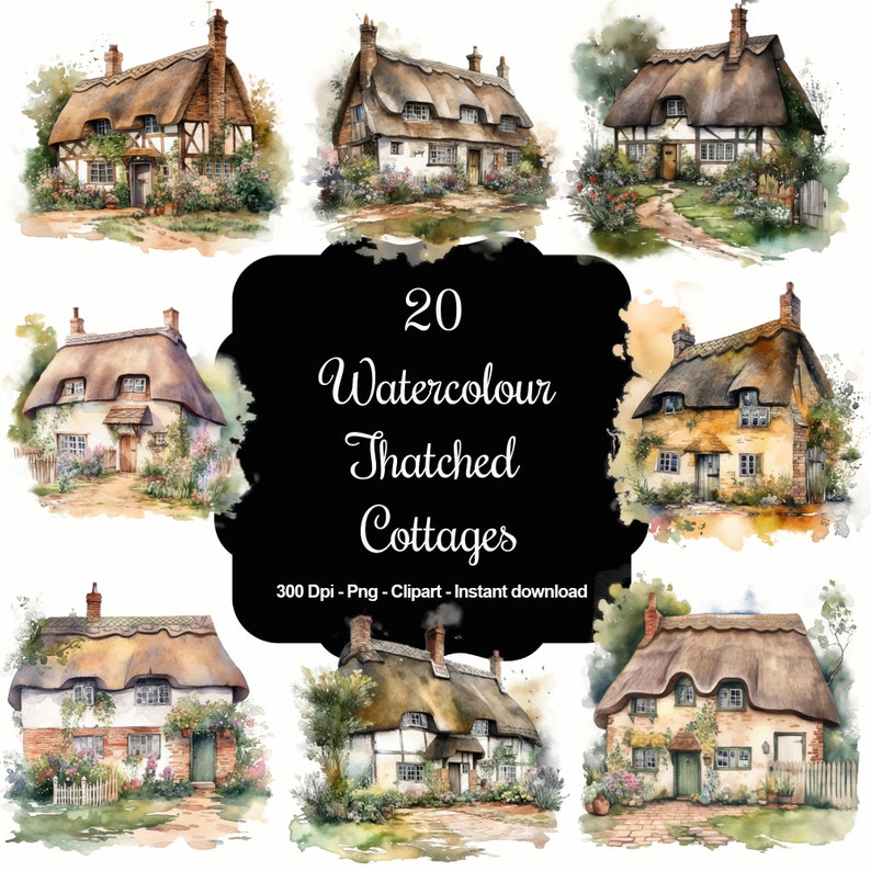 20 Watercolour Thatched Cottages, English Cottage, High Quality Clipart ...