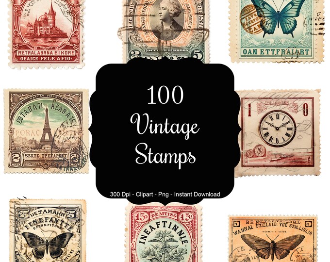Exquisite Collection of 100 Vintage Ephemera Stamps Clipart - Step Into ...