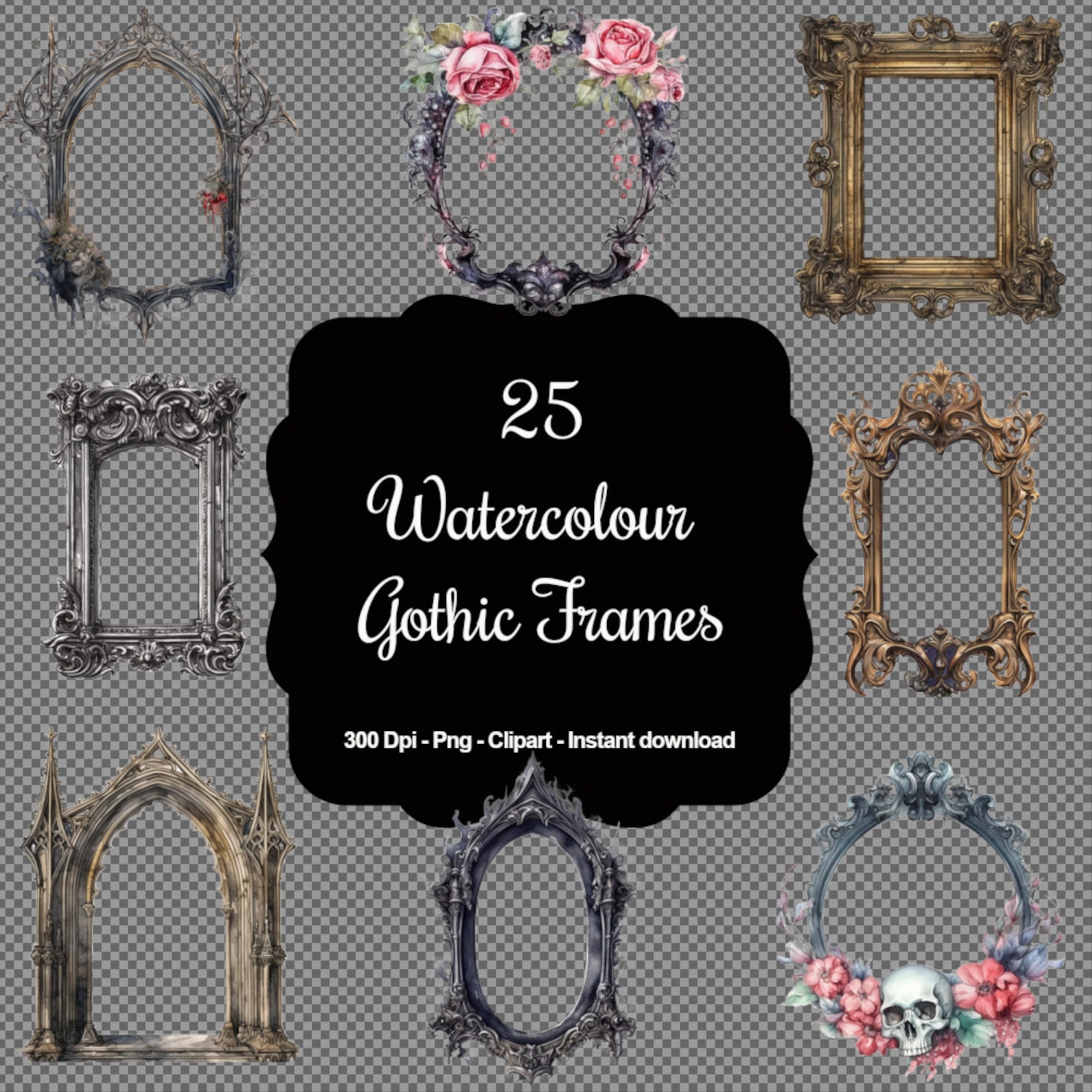 Gothic Grace: 25 Watercolour Gothic Frames Clipart Set - Etsy