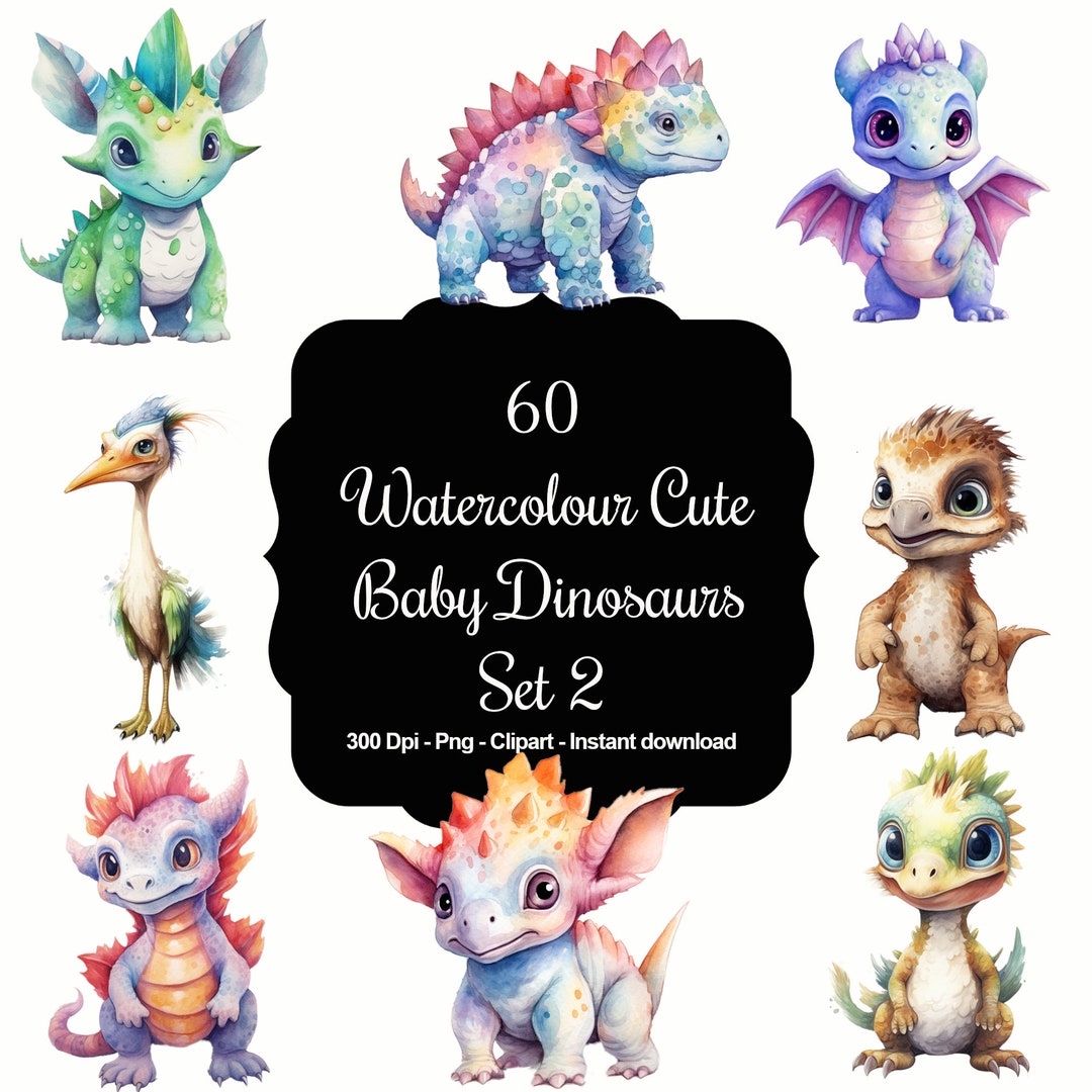 Prehistoric Cuddles: 60 Watercolor Baby Dinosaurs Mega Clipart ...