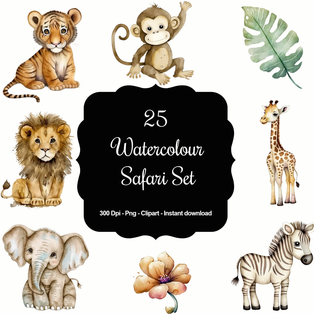 Safari Snuggles: 25 Adorable Watercolor Safari Animal Clipart Set - Etsy
