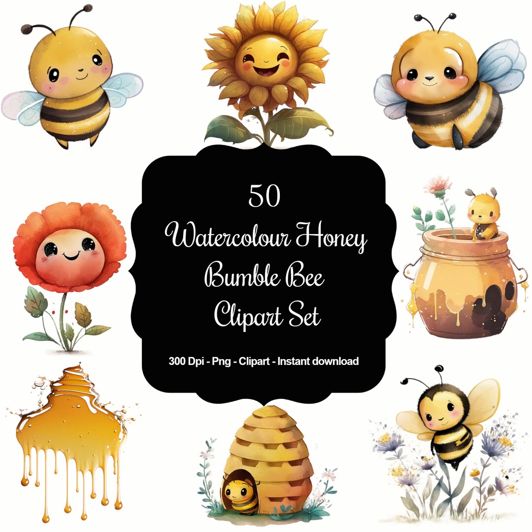 Buzzy Beauties: 50 Adorable Watercolour Bumble Bee Clipart Collection ...