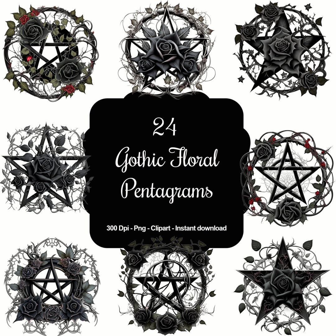 24 Gothic Floral Pentagrams, Pentacle, High Quality Clipart, Instant ...