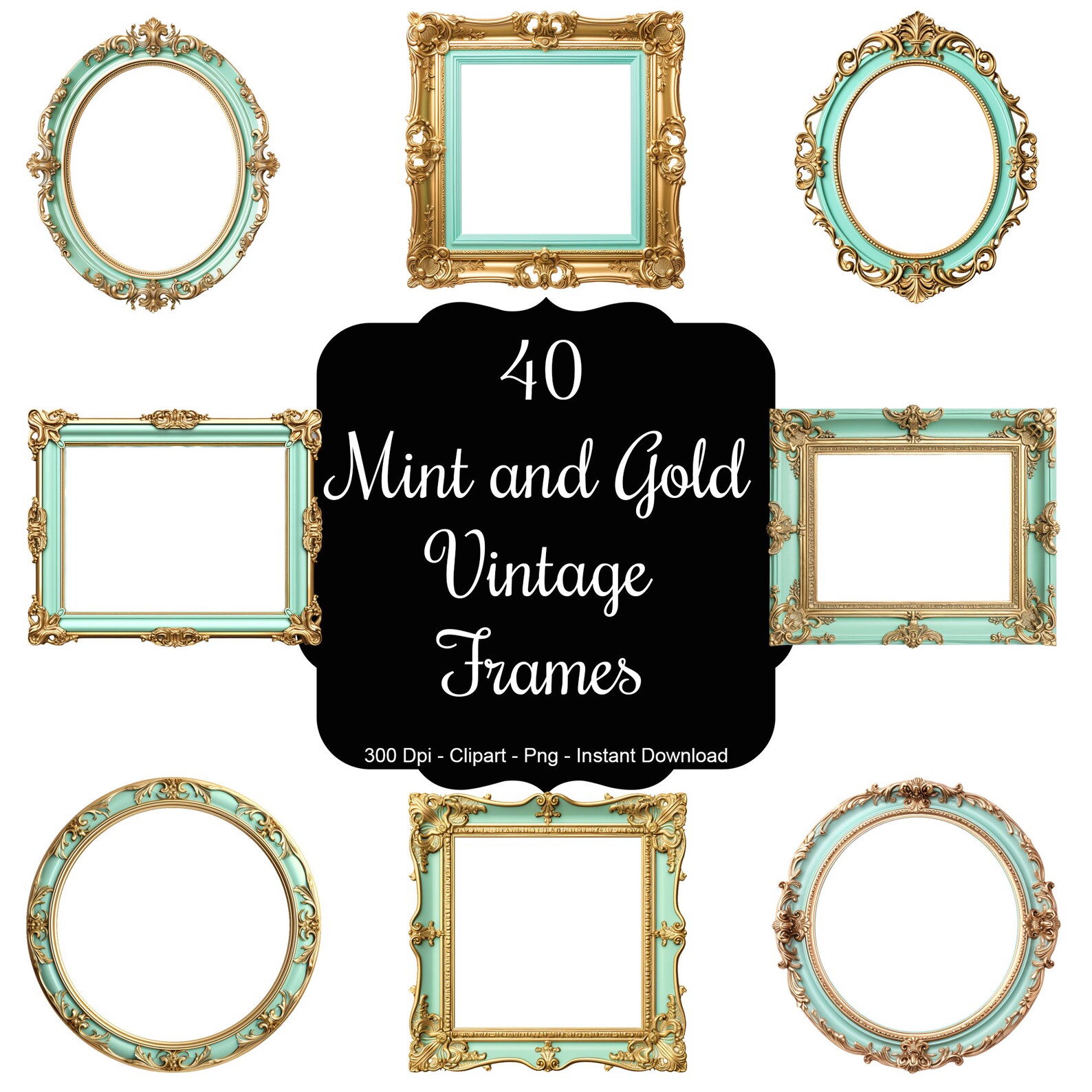 Minted Gold Elegance: 40 Mint and Gold Vintage Frames Clipart Set ...