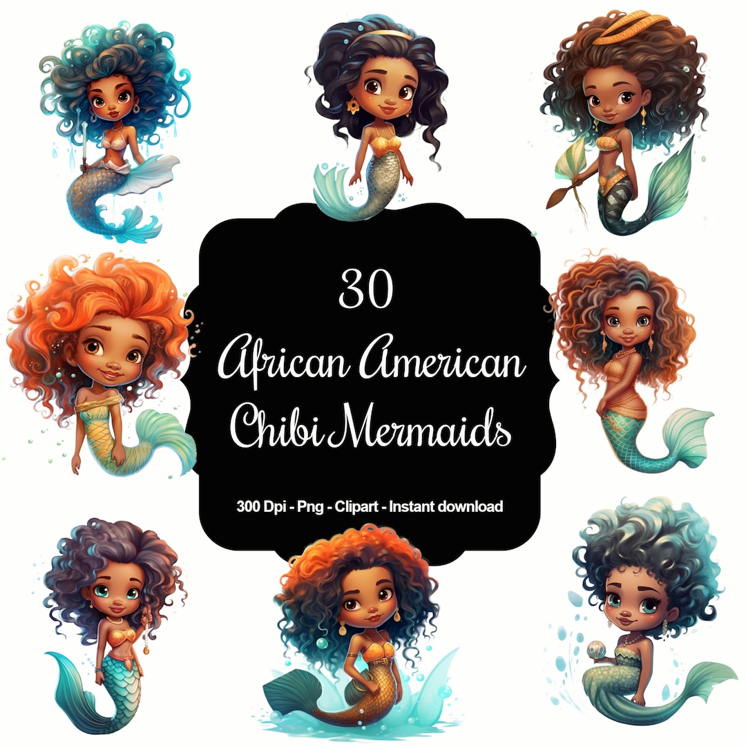 Cute Chibi African American Mermaid Princesses - Digital Clipart Set - Etsy