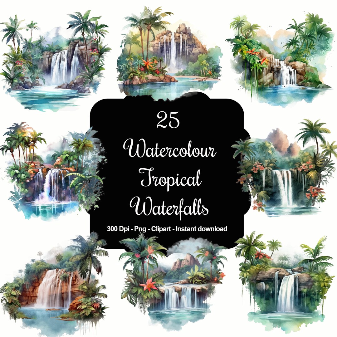 Rainforest Cascade: 25 Watercolour Tropical Waterfalls Clipart Set - Etsy