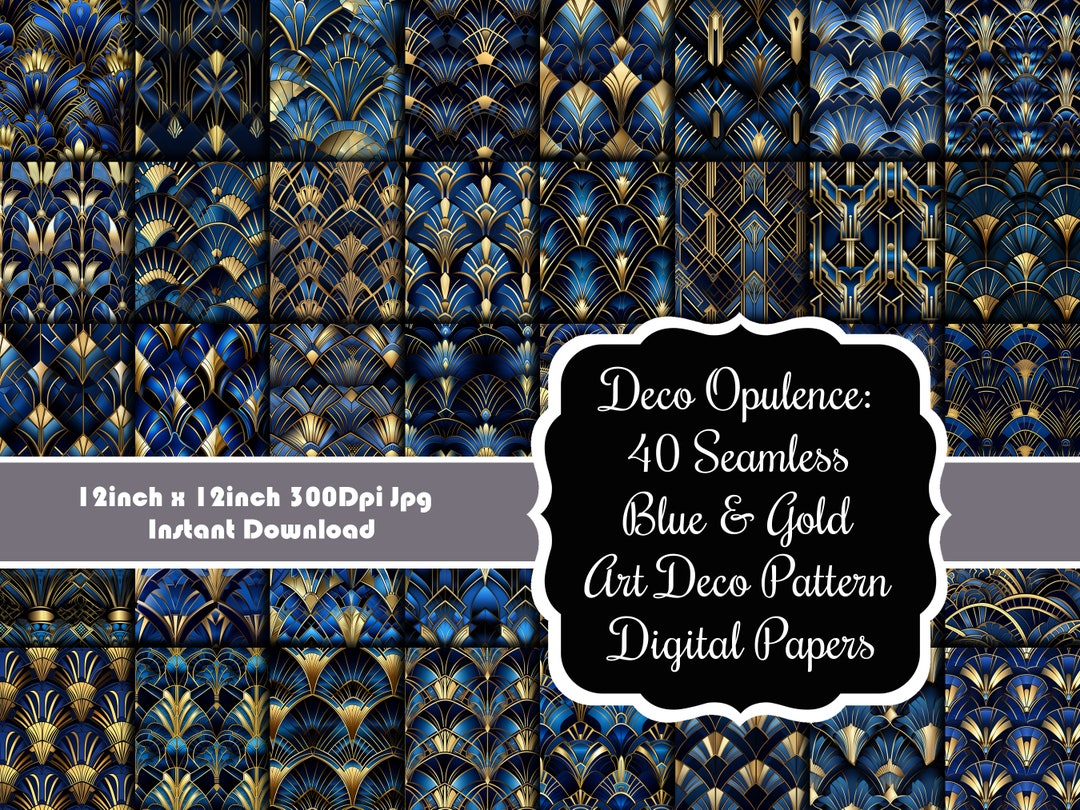 Deco Opulence: 40 Seamless Blue & Gold Art Deco Pattern Digital Papers ...