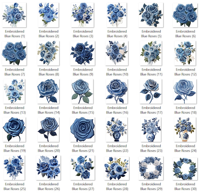 Blue Threads: 30 Embroidered Blue Roses Clipart Set - Etsy