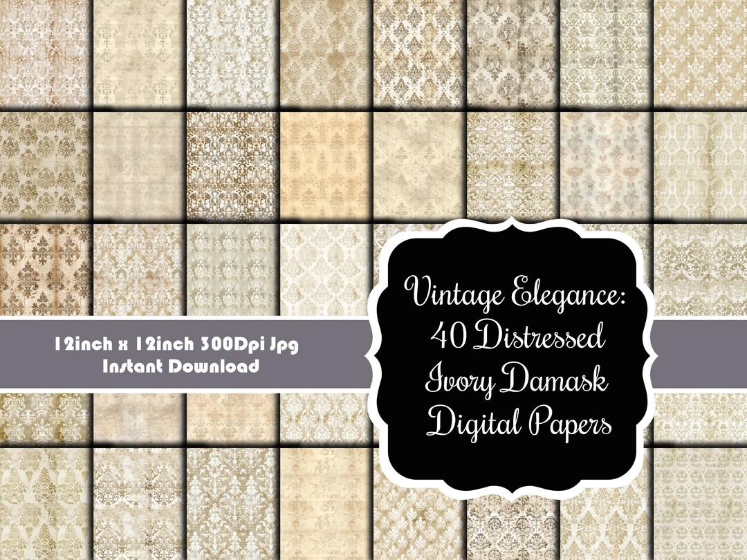 Vintage Elegance: 40 Distressed Ivory Damask Digital Papers Set - Etsy