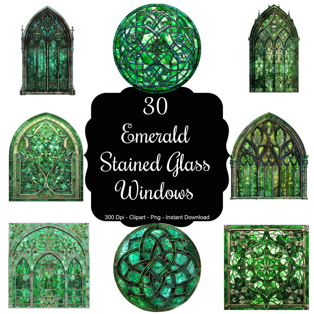 Emerald Elegance: 30 Stained Glass Emerald Windows Clipart Set - Etsy