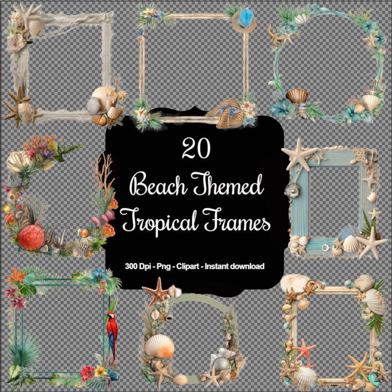 20 Beach Themed Tropical Frames, High Quality Clipart, Instant Download ...