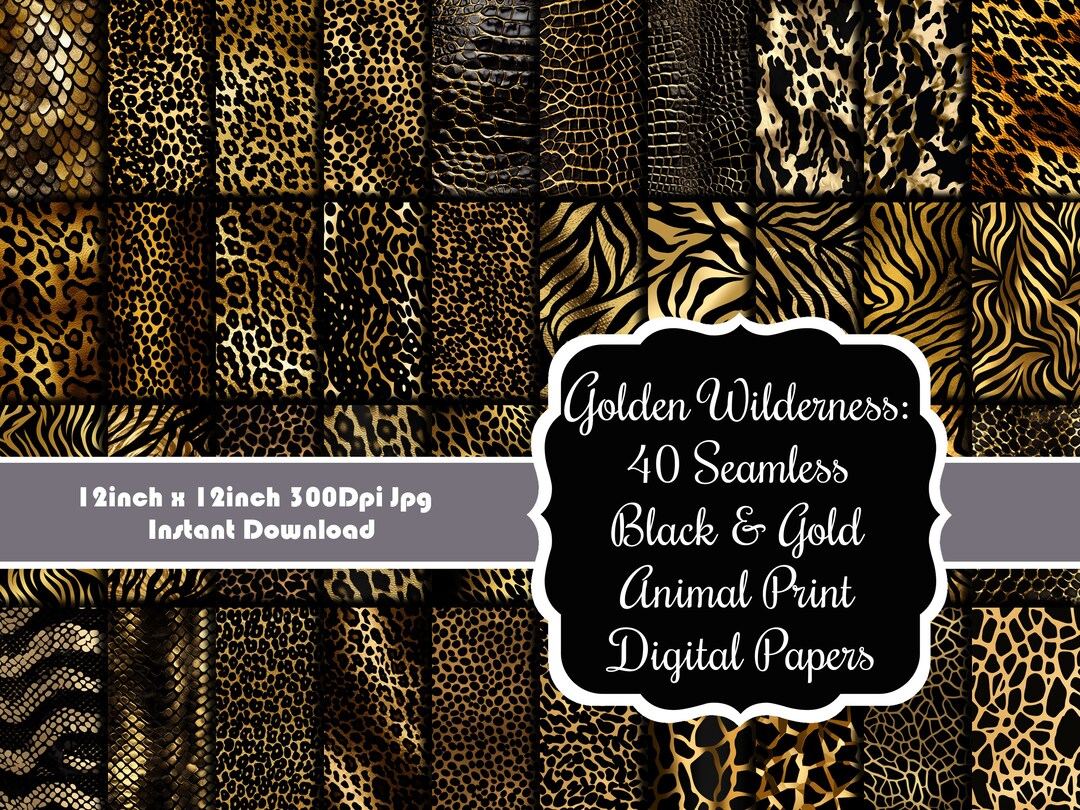 Golden Wilderness: 40 Seamless Black & Gold Animal Print Digital Papers ...