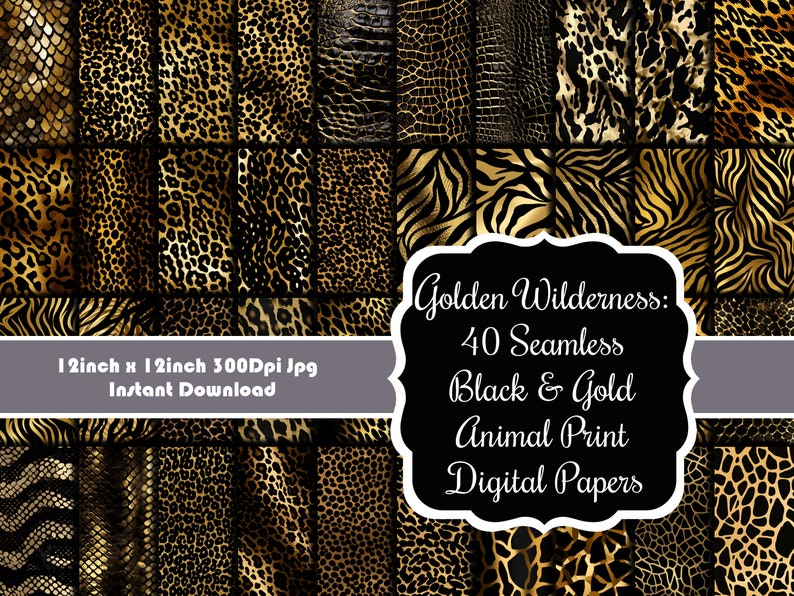 Golden Wilderness: 40 Seamless Black & Gold Animal Print Digital Papers ...