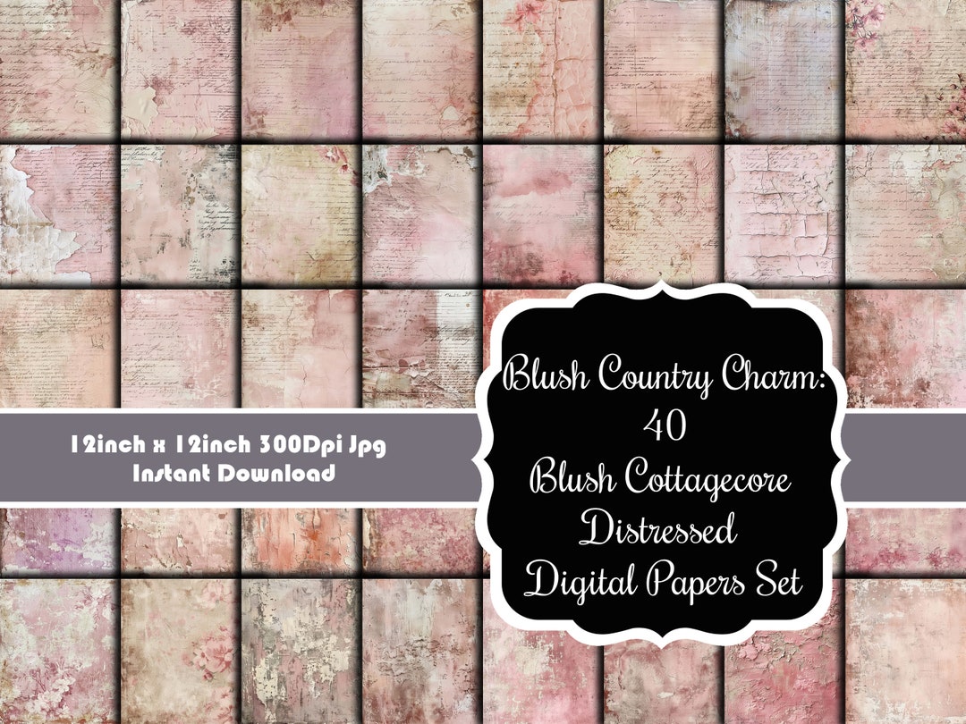 Blush Country Charm: 40 Blush Cottagecore Distressed Digital Papers Set ...