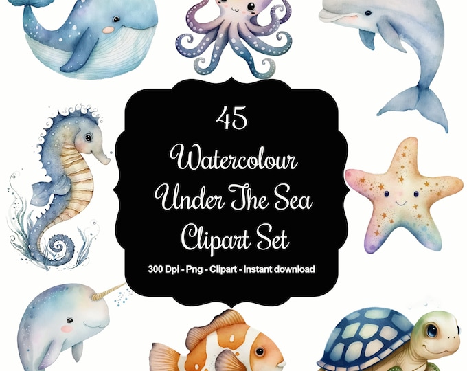 Watercolor Sea Animals Clipart: Ocean Nursery Decor (digital Download ...