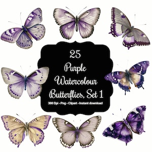 Lavender Flutter Set 1: 25 Watercolour Purple Butterflies Clipart Set ...