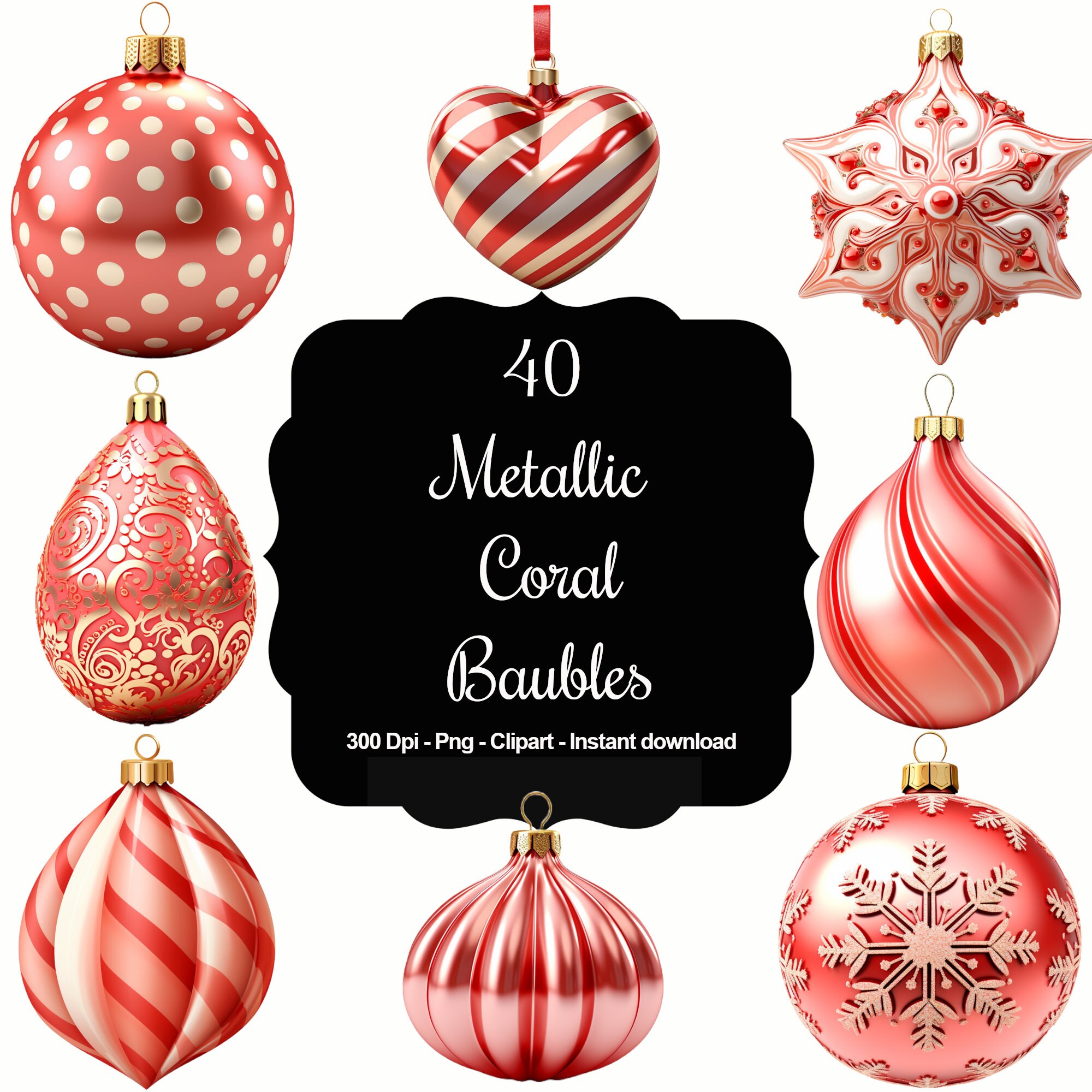 Coral Radiance 40 Metallic Coral Christmas Baubles Clipart Collection Etsy