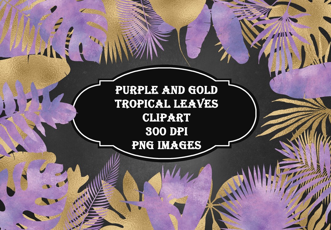 32 Purple and Gold Tropical Leaves Clipart PNG, Leaf Frame, Commercial ...