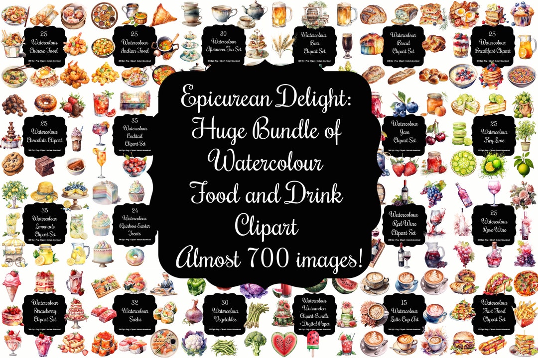 Epicurean Delight: Huge Bundle of Watercolour Food and Drink Clipart ...