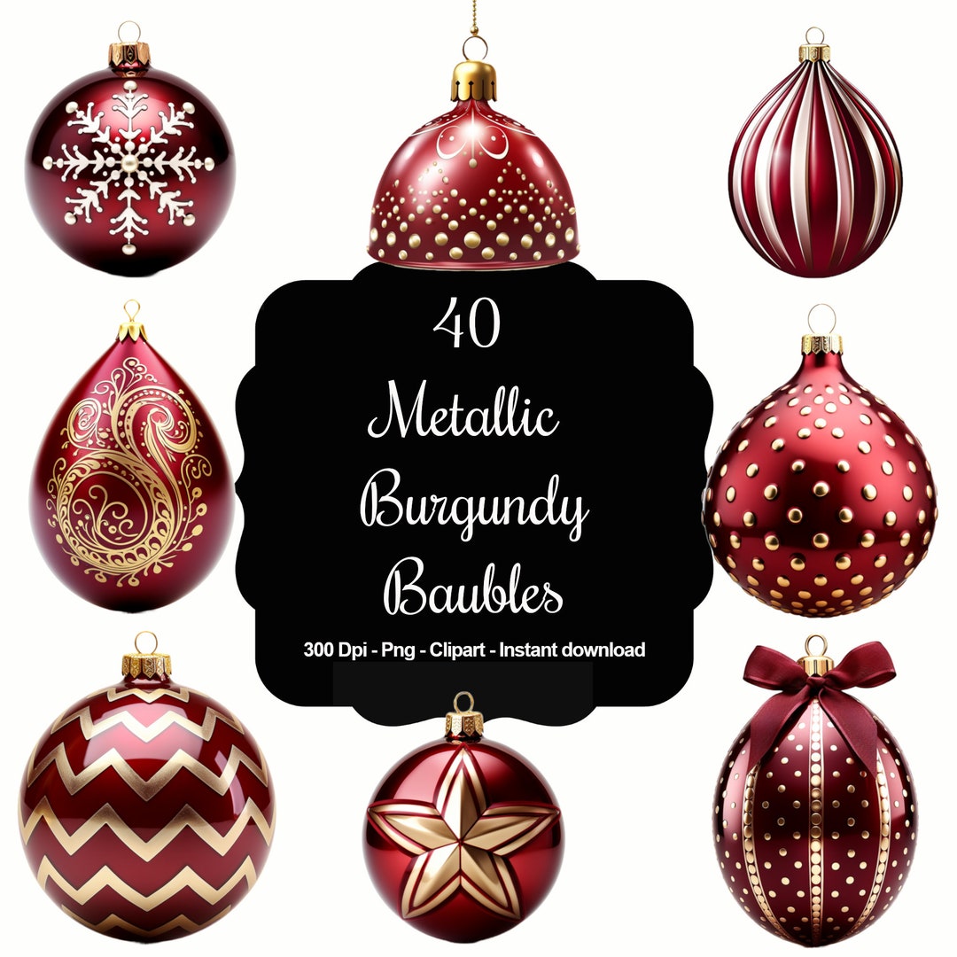 Regal Radiance: 40 Metallic Burgundy Christmas Baubles Clipart ...