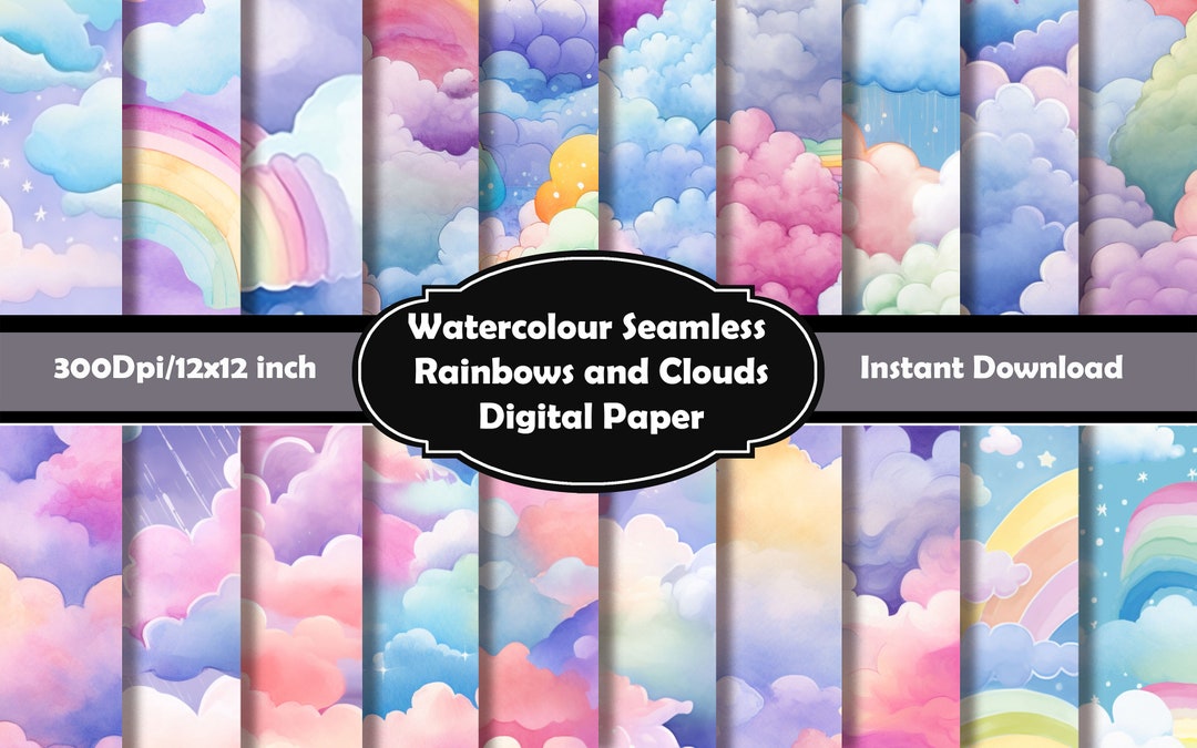 Dreamy Seamless Watercolour Rainbows and Cloud Patterns Digital Paper ...