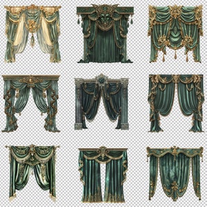 Victorian Verdure: 35 Green Velvet Victorian Curtains Clipart Set - Etsy