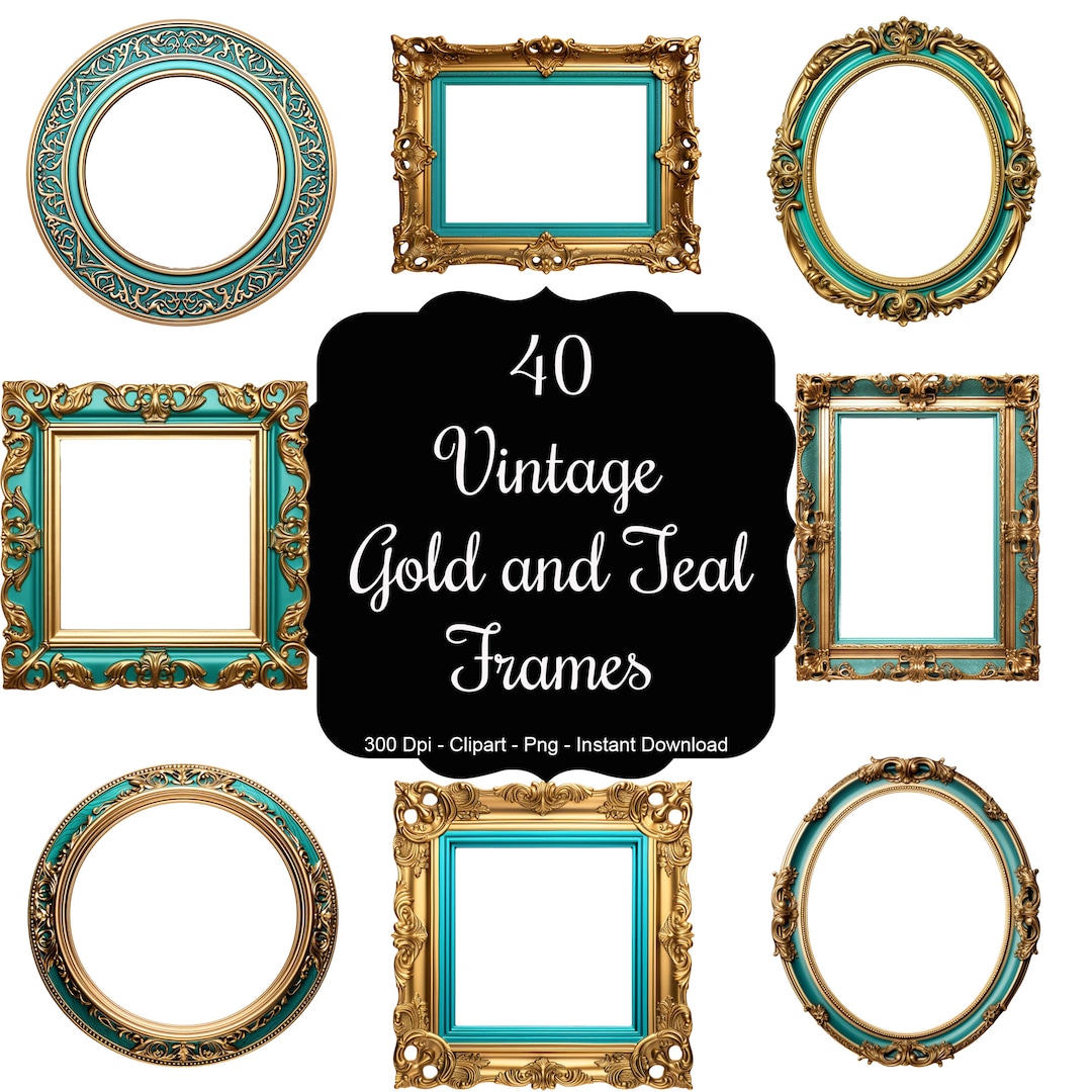 Timeless Elegance: 40 Vintage Teal and Gold Frames Clipart Set - Etsy