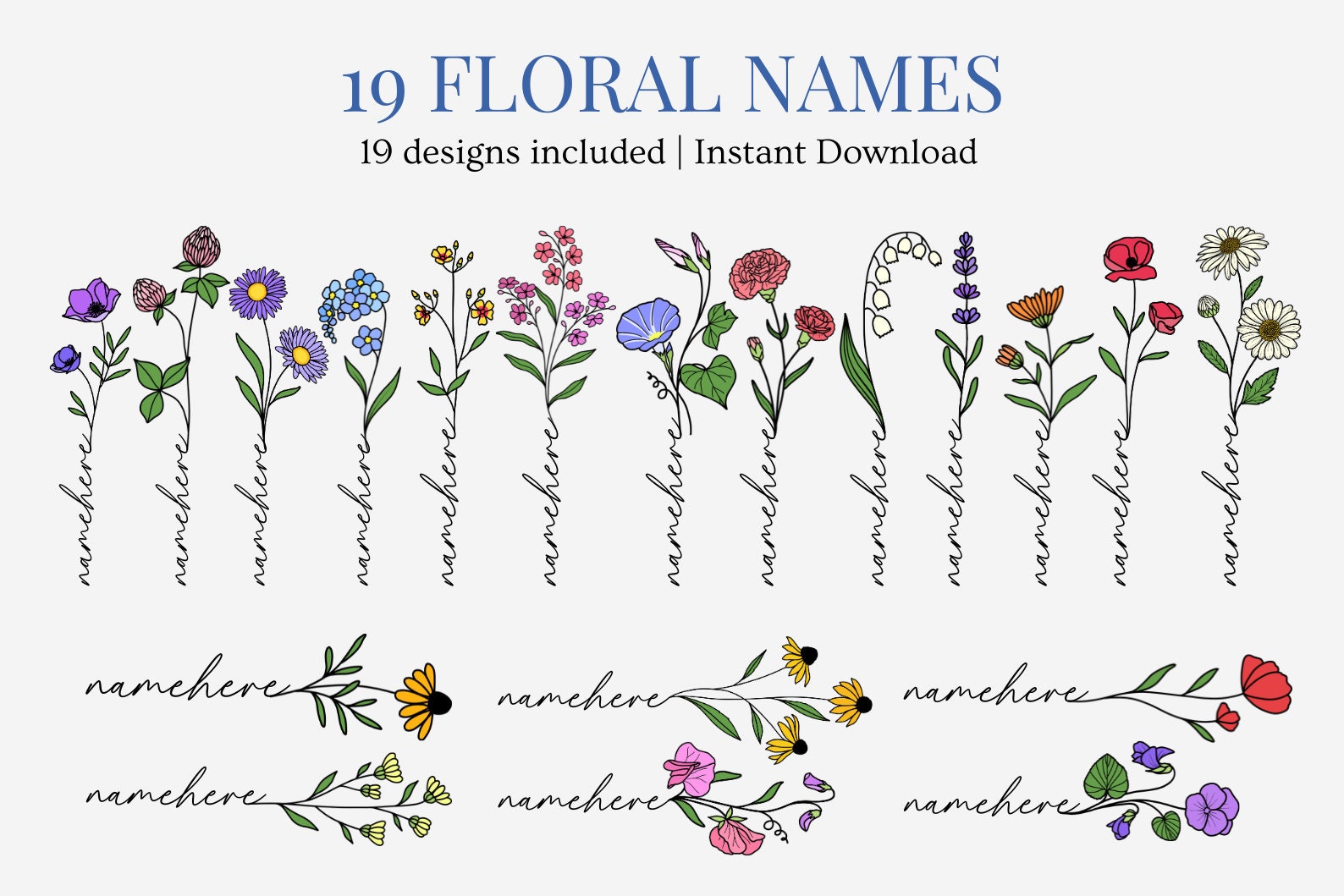Wildflowers Personalized Name SVG, PNG Bundle 19 Graphics, Birth Month ...