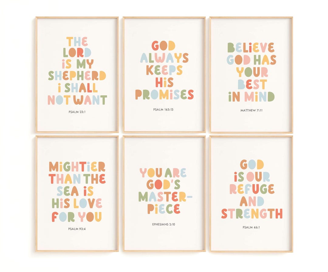 Set of 6 Colorful Funky Kids Bible Verse, Christian Nursery Decor ...