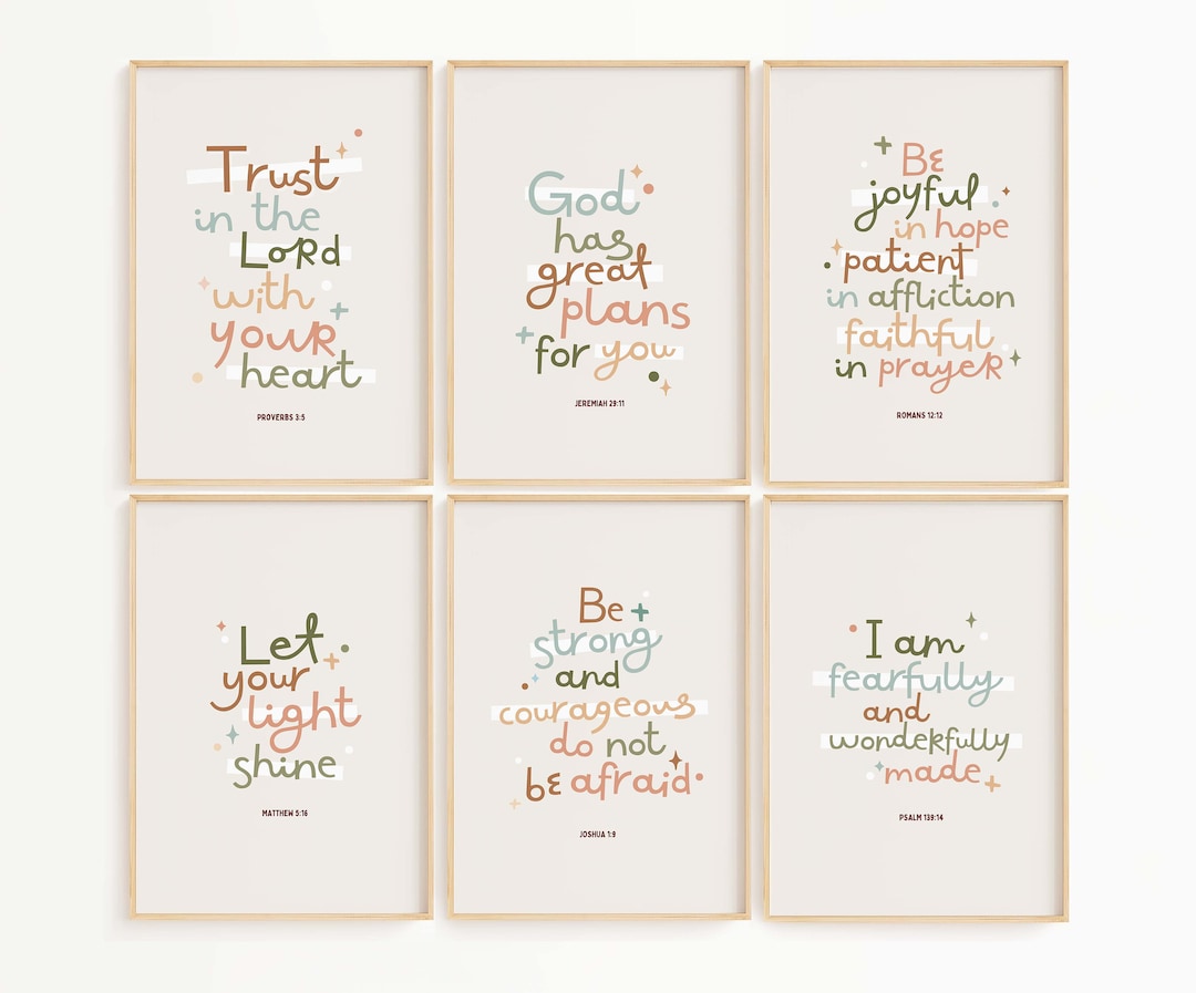 Set of 6 Quirky Bohemian Kids Bible Verse, Christian Nursery Decor ...