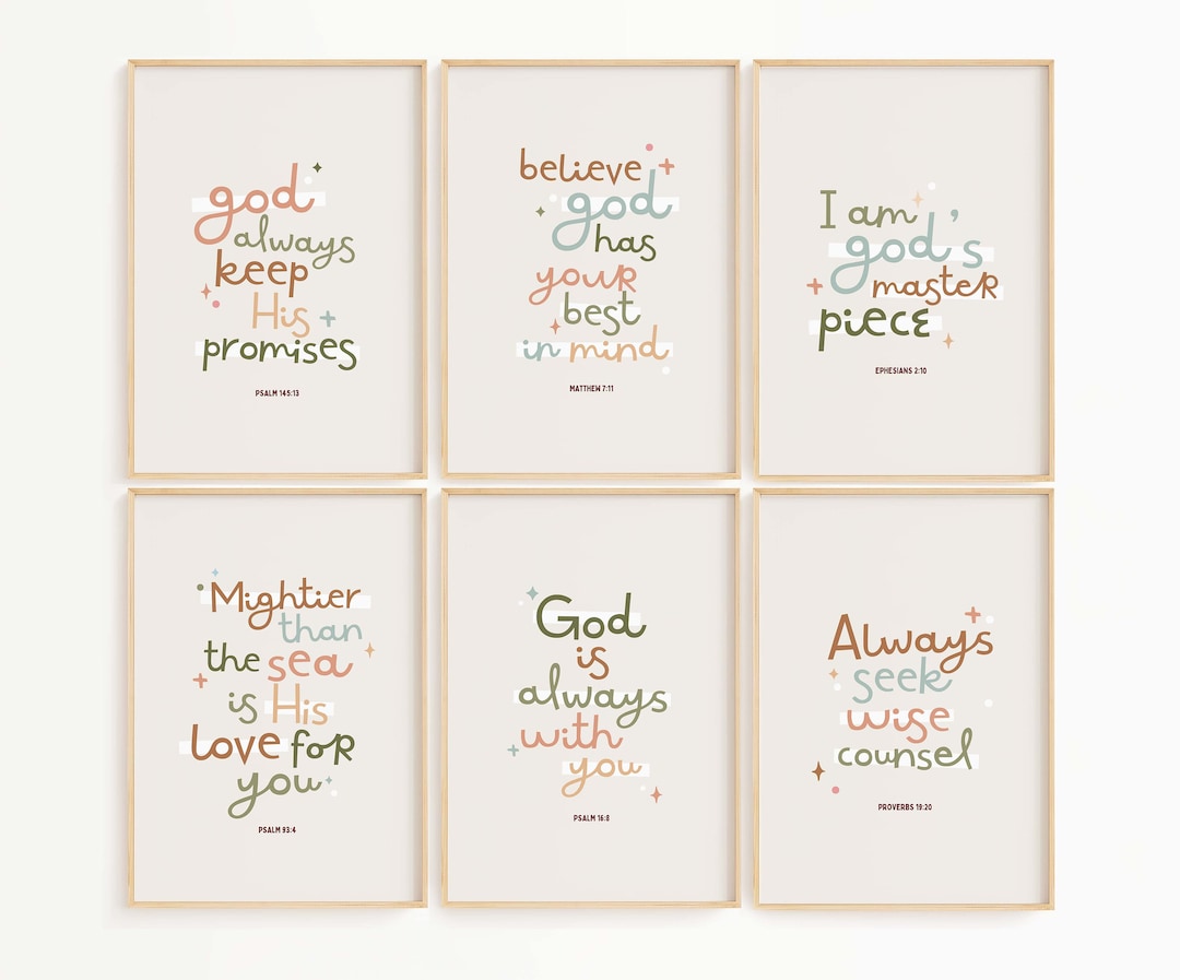 Set of 6 Quirky Bohemian Kids Bible Verse, Christian Nursery Decor ...