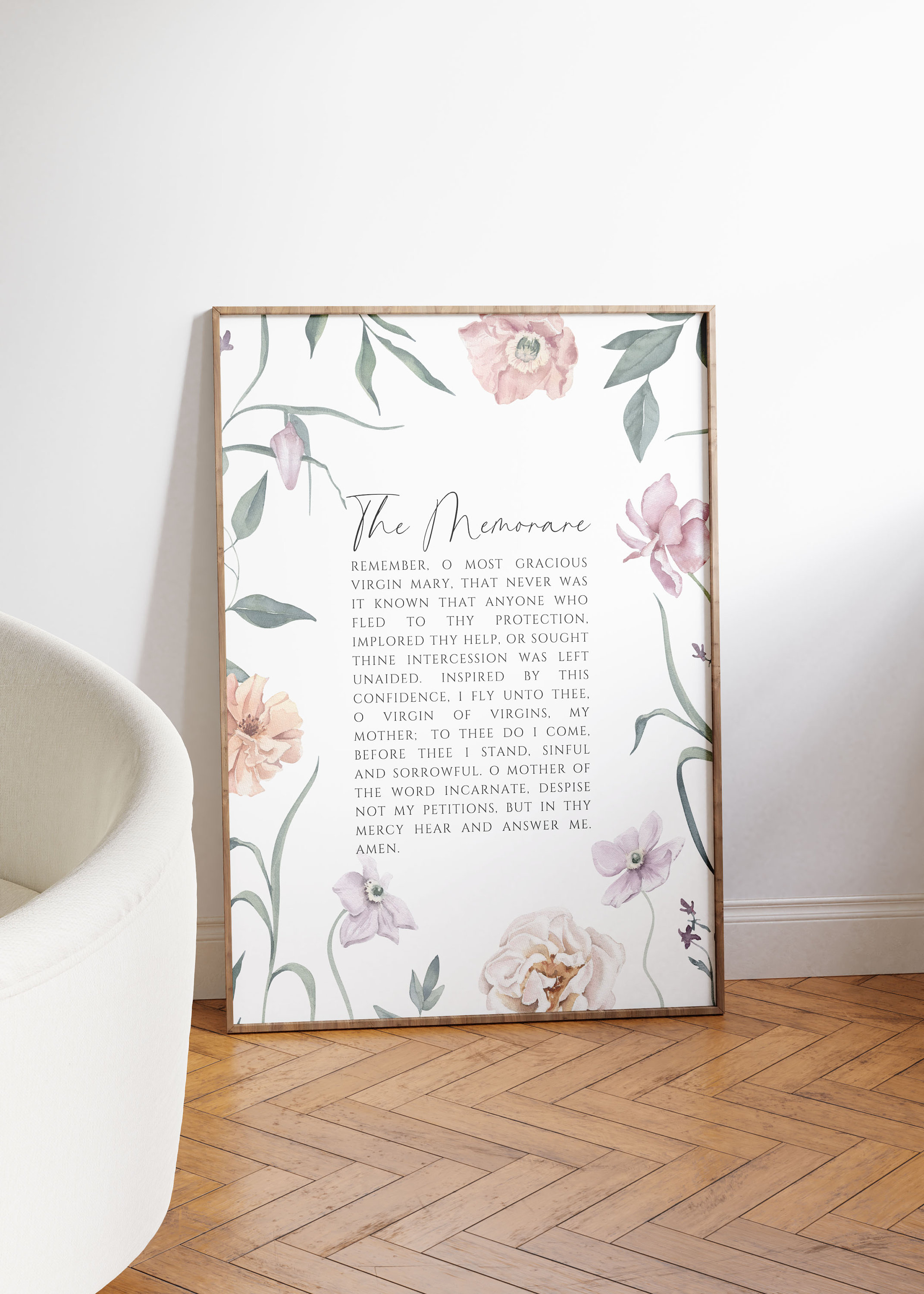 The Memorare Prayer Print: Virgin Mary Floral Catholic Wall Art ...