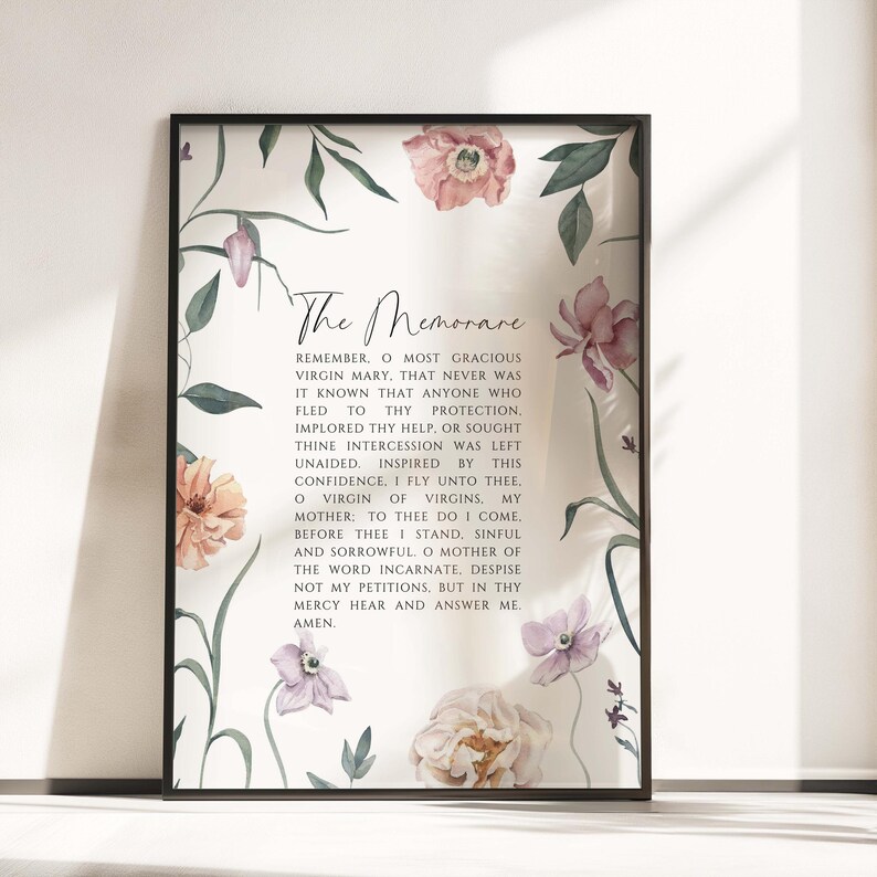 The Memorare Prayer Print: Virgin Mary Floral Catholic Wall Art ...