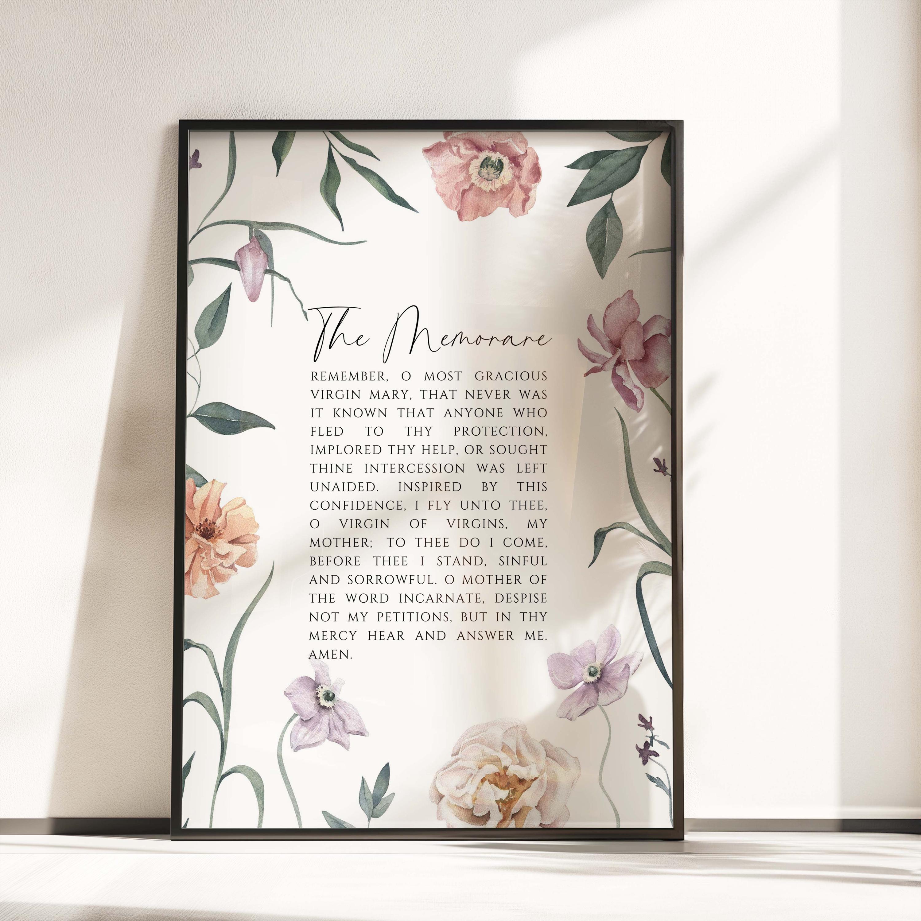 The Memorare Prayer Print: Virgin Mary Floral Catholic Wall Art ...