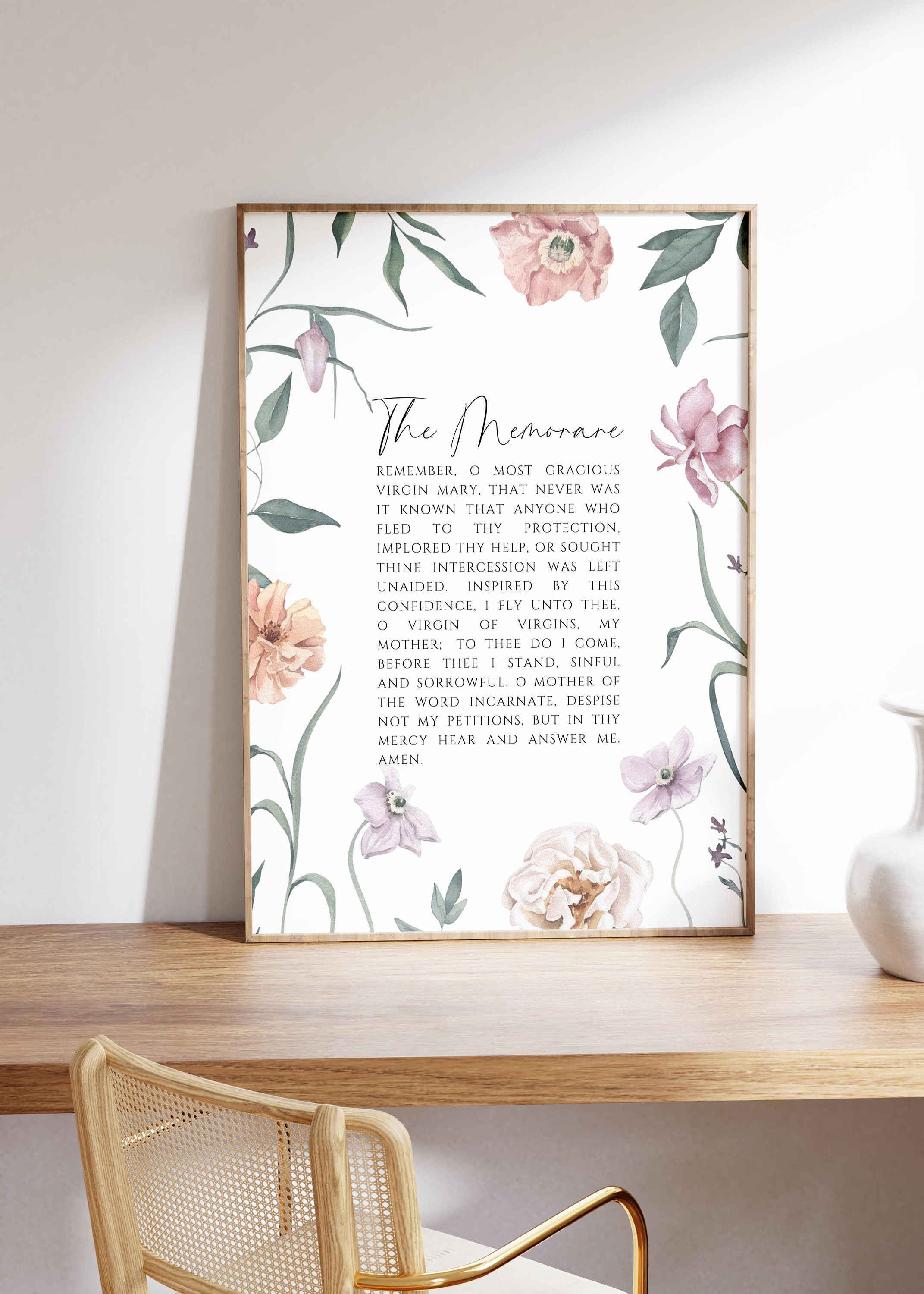 The Memorare Prayer Print: Virgin Mary Floral Catholic Wall Art ...