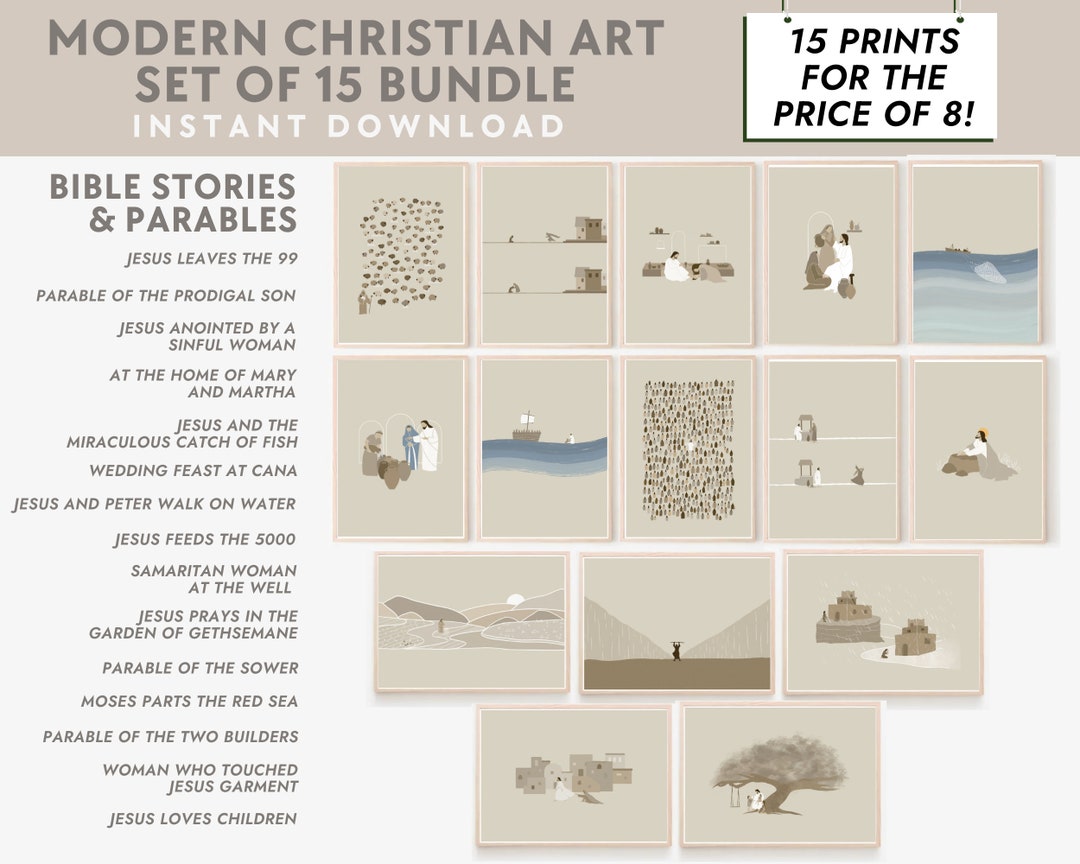 Set of 15 Modern Christian Art of Bible Stories and Parables, Christian ...